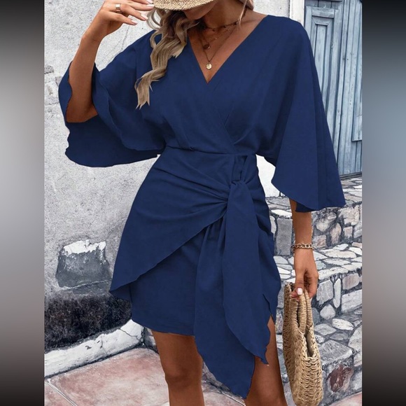 Dresses | Classic Elegant Batwing Sleeve Knot Side Wrap Dress | Poshmark